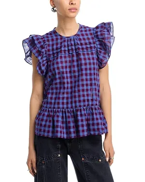 Aqua Flutter Sleeve Plaid Top