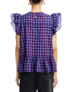 Aqua Flutter Sleeve Plaid Top