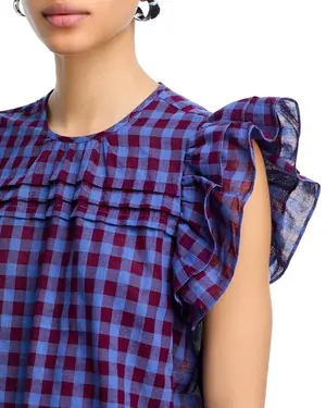 Aqua Flutter Sleeve Plaid Top