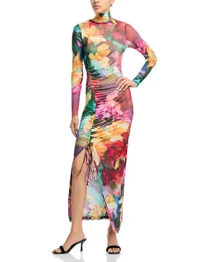 Aqua Floral Print Mesh Maxi Dress - Multi