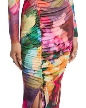 Aqua Floral Print Mesh Maxi Dress