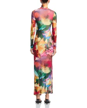 Aqua Floral Print Mesh Maxi Dress