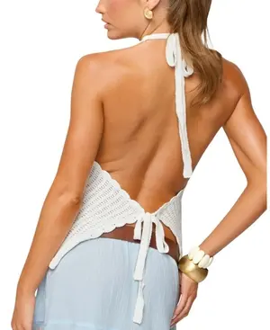 EDIKTED Ivey Backless Crochet Halter Top - White
