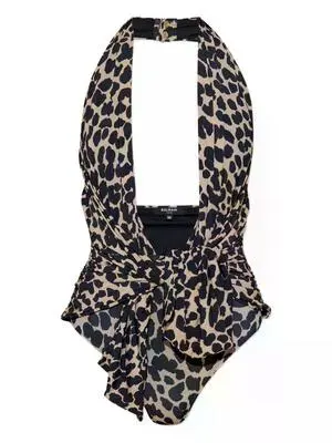 Balmain Leopard-print Halterneck One-piece Swimsuit - Black