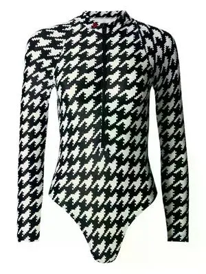 Perfect Moment Houndstooth Long-sleeve Half-zip Swimsuit