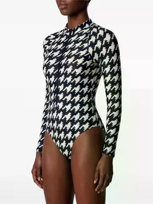 Perfect Moment Houndstooth Long-sleeve Half-zip Swimsuit