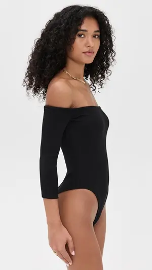 L'Agence Evelyn Off-shoulder Ribbed Thong Bodysuit