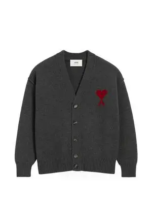 AMI Paris De Coeur V-neck Cardigan In Merino Wool - Grey