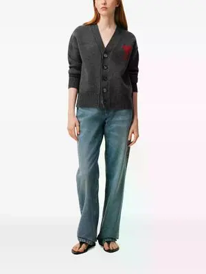 AMI Paris De Coeur V-neck Cardigan In Merino Wool - Grey