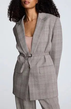 KENNETH COLE Belted Plaid One-button Blazer