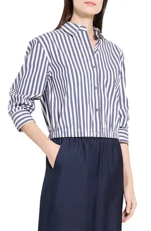 Theory Stripe Crop Woven Shirt - Blue Multi