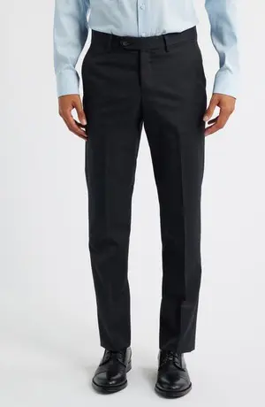 Berle Slim Fit Flat Front Super 100s Wool Dress Pants - Charcoal