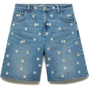 Mango Floral Embroidered Denim Bermuda Shorts