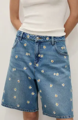 Mango Floral Embroidered Denim Bermuda Shorts