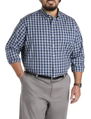OAK HILL Big & Tall Small Plaid Performance Sport Shirt
