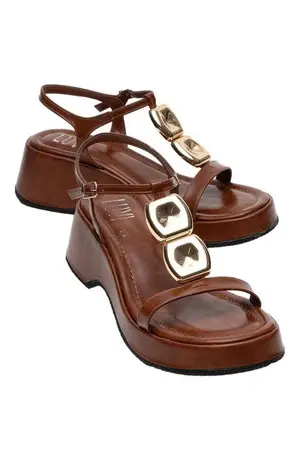 PROLOGUE SHOES Kerry Buckle Platform Sandals - Cognac Faux Leather