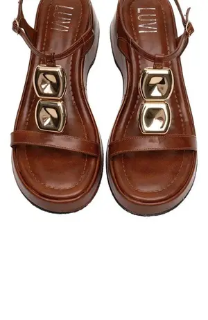 PROLOGUE SHOES Kerry Buckle Platform Sandals - Cognac Faux Leather