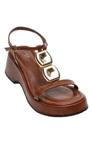 PROLOGUE SHOES Kerry Buckle Platform Sandals - Cognac Faux Leather