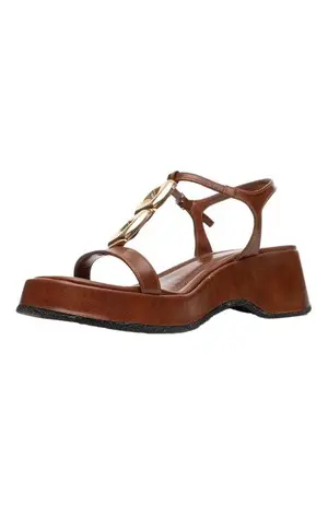 PROLOGUE SHOES Kerry Buckle Platform Sandals - Cognac Faux Leather