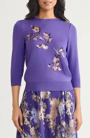 Misook Embroidered Crewneck Sweater