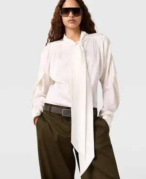 Stella McCartney Neck-tie Long-sleeve Shirt With Shoulder Pads - Cream