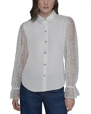 Karl Lagerfeld Paris Lace Sleeve Button-up Blouse