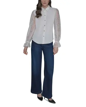 Karl Lagerfeld Paris Lace Sleeve Button-up Blouse