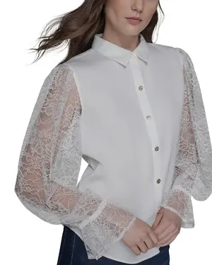 Karl Lagerfeld Paris Lace Sleeve Button-up Blouse