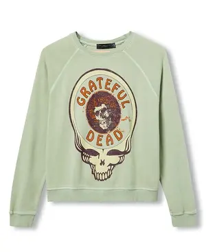 Junk Food Clothing Grateful Dead Skull Raglan Crew Fleece Sweatshirt - Sage