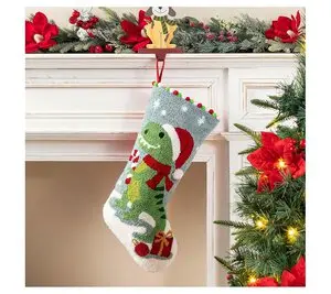GLITZHOME 21'l Hooked Dinosaur Christmas Stocki Ng - One-color