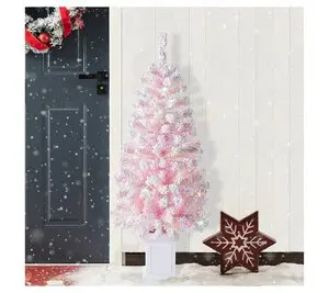 GLITZHOME 4' Pre-lit Flocked Pink Faux Christma S Porch Tree - One-color
