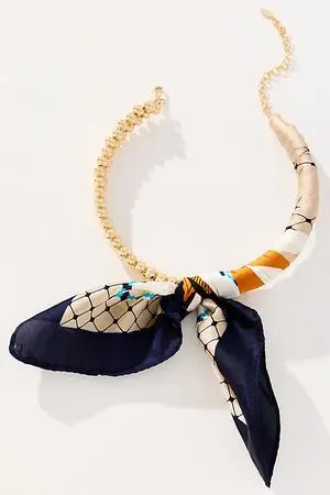 Anthropologie Beaded Silk Scarf Collar Necklace Navy