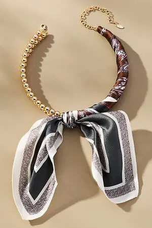 Anthropologie Beaded Silk Scarf Collar Necklace Red
