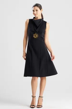 Natori Techno Crepe Fit & Flare Funnel Neck Dress - Black
