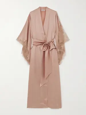 Carine Gilson Belted Lace-trimmed Silk-satin Robe - Pink