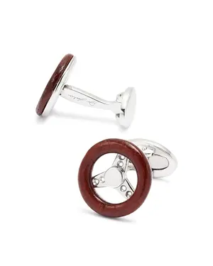 JAN LESLIE Sports Car Steering Wheel Round Wood & Sterling Silver Cufflinks - Brown