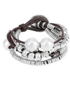 UNODE50 Smooth Leather And Sterling -plated Bracelet With Pearls - Silver