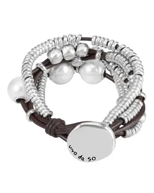 UNODE50 Smooth Leather And Sterling -plated Bracelet With Pearls