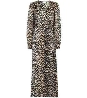 GANNI Leopard-printed Stretch-silk Dress - Brown