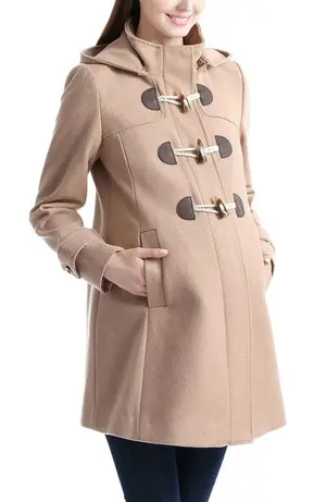 KIMI + KAI Duffle Wool Maternity Coat With Toggle Details And Removable Hood - Camel