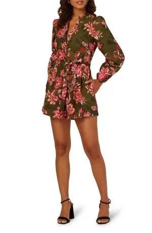 Adrianna Papell Print Tie Waist Romper - Olive Multi