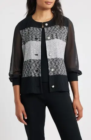 Ming Wang Mixed Media Colorblock Cardigan
