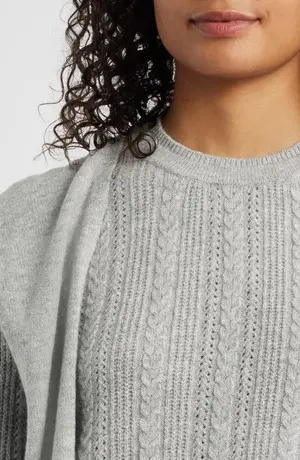 Wit & Wisdom Cable Stitch Tie Sleeve Sweater - Heather Grey