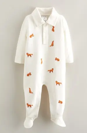 Nordstrom Embroidered Cotton Footie - Ivory Egret Fox Friends