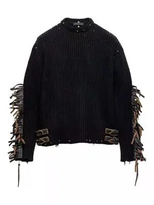 Prada Wool Crew-neck Sweater With Fringe And Studs - Black