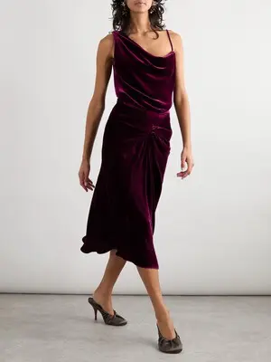 Dries Van Noten Asymmetric Draped Velvet Top - Burgundy