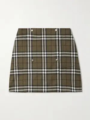 Burberry Button-embellished Checked Wool-twill Mini Skirt