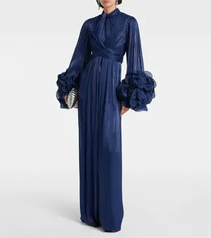 Costarellos Draped Ruffled Gown