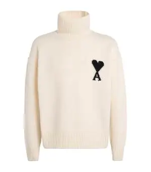 Ami Virgin Wool De Coeur Funnel-neck Sweater - Beige