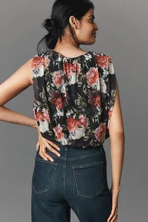 Anthropologie Mesh Bubble Muscle Top - Black & Red Floral